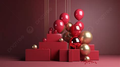풍선과 선물로 가득 찬 빨간 상자 상업 디자인을 위한 금색 풍선과 선물이 있는 3d 렌더링 빨간색 연단 제품 스탠드 디스플레이