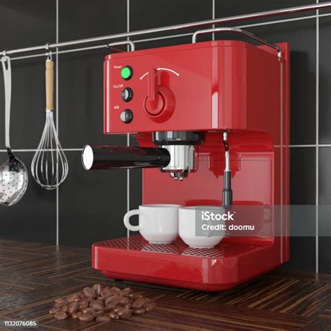 검은 타일 벽 앞에 기계를 만드는 근접 촬영 레드 에스프레소 커피 3d 렌더링 기계류에 대한 스톡 사진 및 기타 이미지