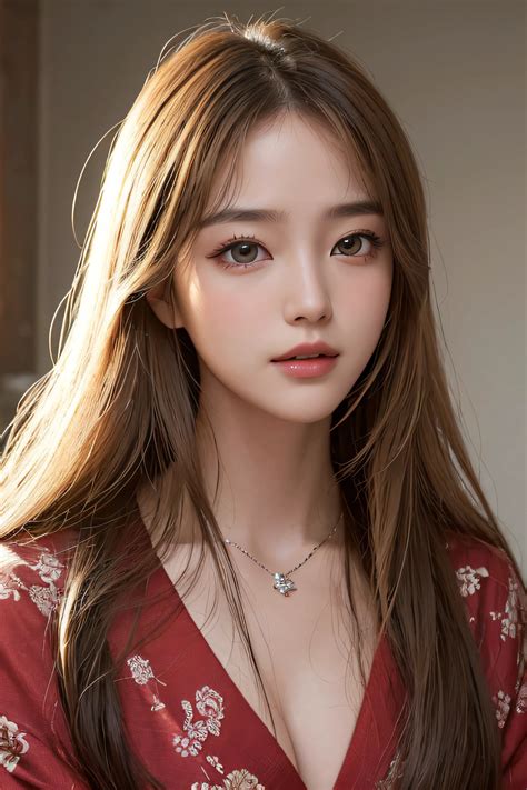 긴 머리를 한 빨간 드레스와 목걸이를 착용한 여성 Seaart Ai