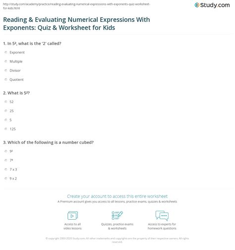 Reading And Evaluating Numerical Expressions With Exponents Quiz