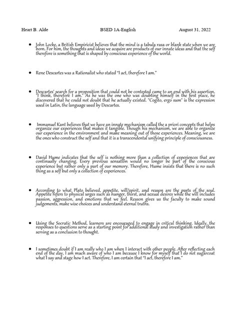 Assignment In Understanding The Self Pdf René Descartes John Locke