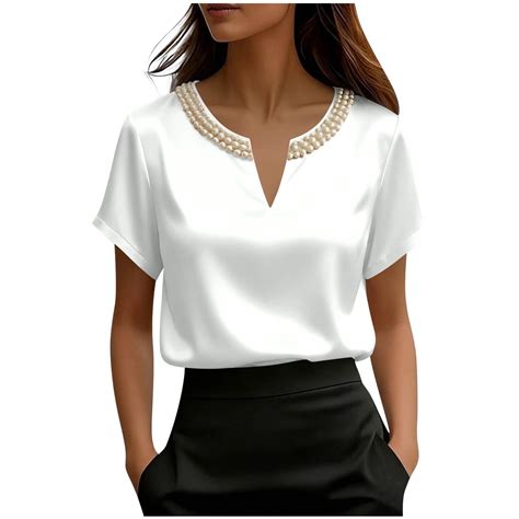 Fewfanhot Womens Blouses Silk Satin Cap Short Sleeve Blouse V Neck