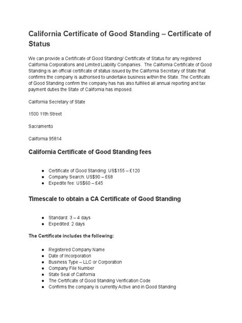 California Certificate Of Good Standing Certificate Of Status Pdf