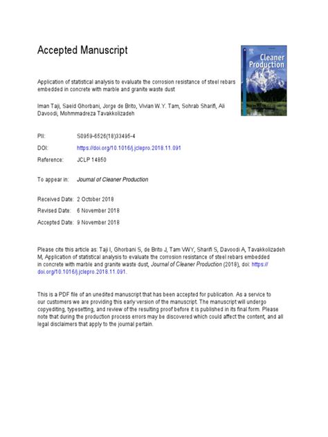 Application Of Statistical Analysis To Evaluate The Corrosion Resistance Of Steel Rebars Pdf