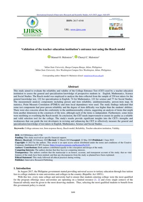 Pdf Validation Of The Teacher Education Institutions Entrance Test Using The Rasch Model