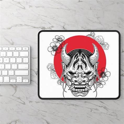 Japanese Oni Yokai Gaming Mouse Pad Demon Mask Cherry Blossom Samurai