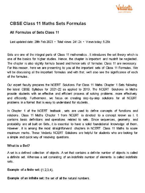 Cbse Class 11 Maths Sets Formulas Pdf