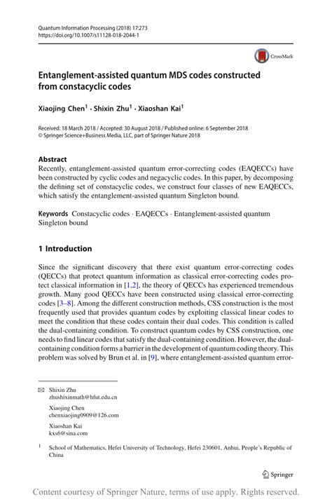 Entanglement Assisted Quantum Mds Codes Constructed From Constacyclic Codes Request Pdf
