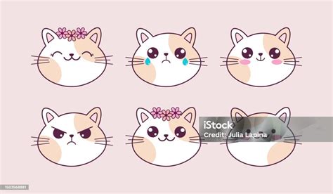 손으로 그린 귀여운 고양이 이모티콘 세트는 어린이 직물 어린이 방 베이비 샤워 보육원 장식을 위한 만화 스타일입니다 고양이 새끼에 대한 스톡 벡터 아트 및 기타 이미지