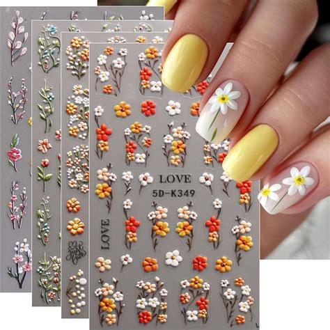 Jmeowio 3d Embossed Flower Nail Art Stickers Decals Self Adhesive 5d