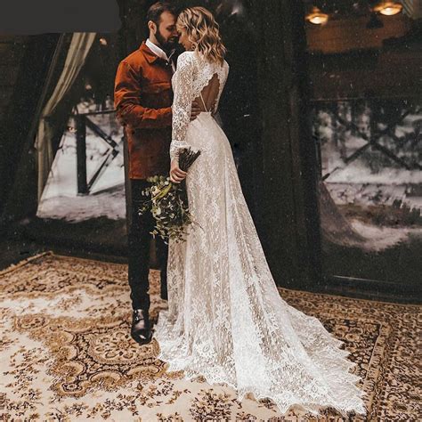 Long Sleeve Lace V Neck Boho Wedding Dress I Love That Boho Love That