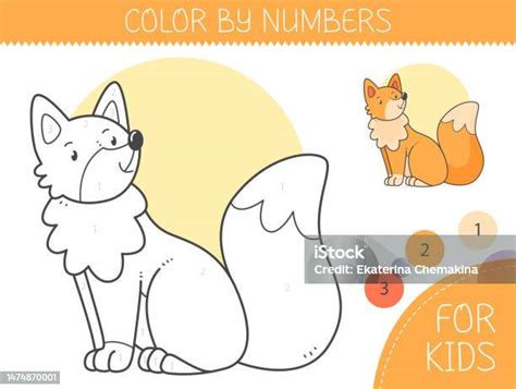 여우와 함께 아이들을 위한 숫자 색칠 공부 페이지 색칠하기 위한 예가 있는 귀여운 만화 여우가 있는 색칠하기 책 흑백 및 컬러 버전 0명에 대한 스톡 벡터 아트 및 기타