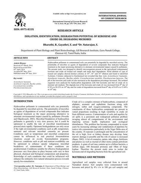 Pdf Isolation Identification Degradation Potential Of Kerosene And Crude Oil Degrading