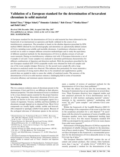 Pdf Validation Of A European Standard For The Determination Of Hexavalent Chromium In Solid