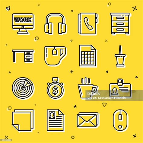 회선 설정 컴퓨터 마우스 식별 배지 푸시 핀 주소록 티백이 있는 차 한잔 사무실 책상 텍스트 작업 모니터링 및 파일 문서 아이콘