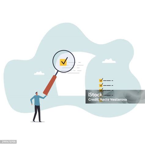 문서 보고서 또는 법적 감사 품질 보증 문서 정보 또는 연구 검색 조사 비즈니스 Conceptflat 특성을 검사하거나 검토하십시오 검사 보기에 대한 스톡 벡터 아트 및