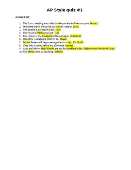 AP Style Quiz By Melissa Brown TPT