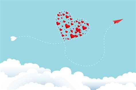 발렌타인 데이 인사말 카드와 사랑 개념의 종이 아트 스타일 구름과 푸른 하늘에 하트 모양처럼 비행 빨간 비행기 벡터 그림입니다 개념에 대한 스톡 벡터 아트 및 기타 이미지