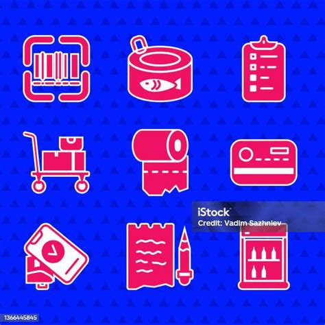 화장지 롤 쇼핑 목록 및 연필 상업용 냉장고 신용 카드 Pos 터미널 핸드 트럭 박스 및 스캐너 스캐닝 바 코드 아이콘을 설정합니다 벡터 가격에 대한 스톡 벡터 아트 및