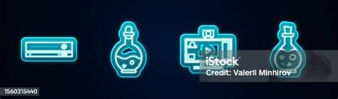 세트 라인 비디오 게임 콘솔 마술 엘릭서가 든 병 라이브 스트리밍 온라인 및 빛나는 네온 아이콘입니다 벡터 Brand Name Video Game에 대한 스톡 벡터 아트 및