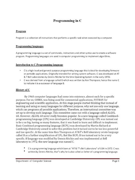 Introduction To Programming Unit 1 Notes Pdf