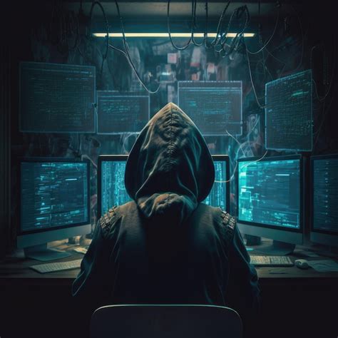Premium Photo Hacker In Hoodie Over Screens With Digital Data Created