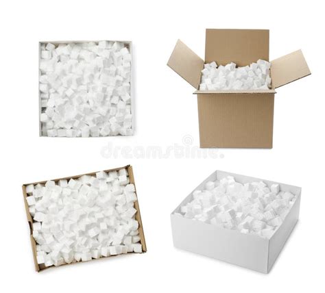 Set With Cardboard Boxes With Styrofoam Cubes On White Background Stock Image Image Of