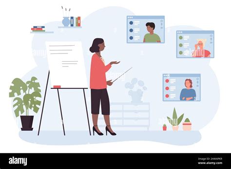 Online Lesson In Virtual Class With Teacher And Students Vector
