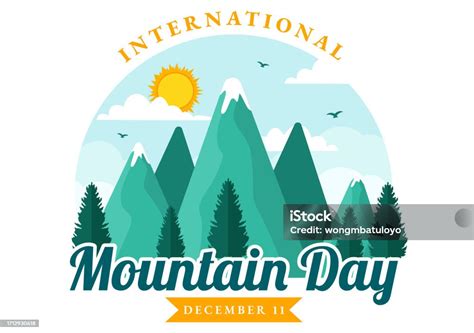 12월 11일 국제 산의 날 벡터 일러스트레이션은 산 파노라마 그린 밸리 플랫 만화 배경 디자인의 나무와 함께 한다 12월에 대한 스톡 벡터 아트 및 기타 이미지 Istock
