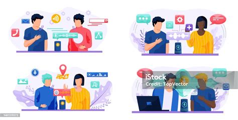 음성 도우미 스마트 스피커 가상 비서 사운드 로봇 음성 제어 스마트 스피커를 사용하는 사람들 인공적인에 대한 스톡 벡터 아트 및 기타 이미지 Istock