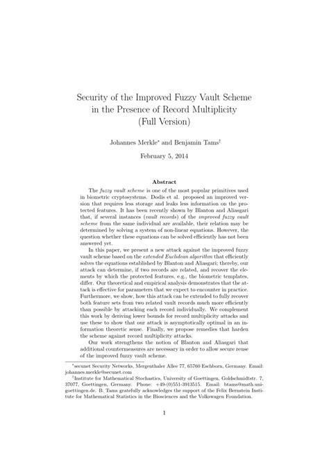 Pdf Security Of The Improved Fuzzy Vault Scheme In The Presence Of