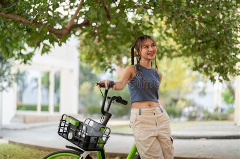 Smile Asian Woman Lifestyle Using Bike In Summer Travel Eco Friendly Stock Image Image Of