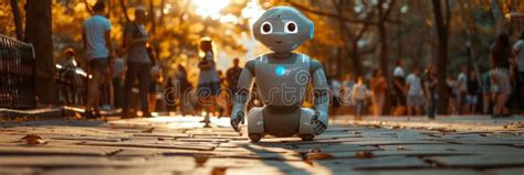 A Small Delivery Robot Walks Confidently Down A Busy City Street Lined