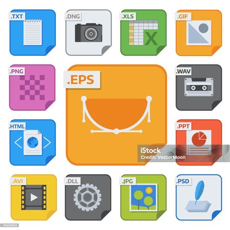 파일 형식 아이콘 및 형식 레이블 파일 시스템 아이콘 프레 젠 테이 션 문서 기호 응용 소프트웨어 폴더 그림 벡터 보관 그림입니다 그림 이미지 인쇄 문자에 대한 스톡 벡터