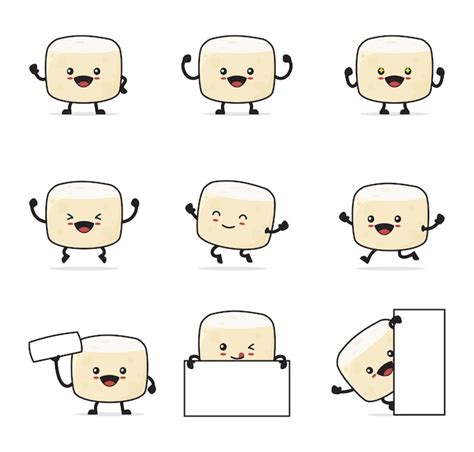 행복한 표정과 다양한 포즈의 귀여운 두부 만화 프리미엄 벡터