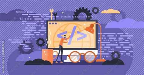 Programming Vector Illustration Flat Tiny Person Concept With It Computer Stock Vector Adobe
