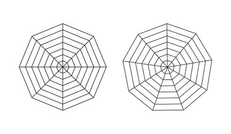 레이더 스파이더 다이어그램 템플릿 거미 메쉬 통계 분석 다이어그램 폴리곤 그래프 빈 레이더 차트 간단한 코칭 도구 세그먼트가 있는 그리드 평면 그림 팔각형 에니곤 모형 8에