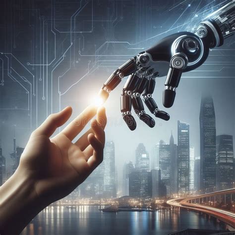 Human And Robotic Hand Interaction Over Urban Skyline Stock Image Image Of Technology