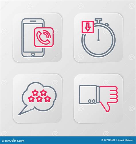 Set Line Dislike Five Stars Rating Review Stopwatch And Mobile Phone Call Icon Vector Stock