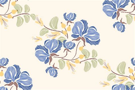 꽃 자수 완벽 한 패턴입니다 흰색 배경에 야생 장미 꽃입니다 꽃을 모티브로 한 Ikat 디자인 벡터 일러스트 레이 션입니다 공예 제품에 대한 스톡 벡터 아트 및 기타 이미지