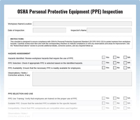 Osha Ppe Inspection Checklist Ppe Inspection Checklist Excel Get Top Document Resources For