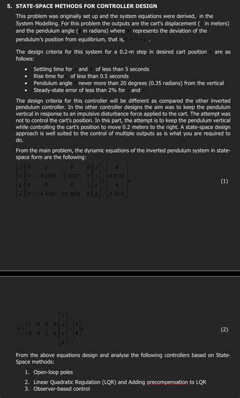 Solved STATE SPACE METHODS FOR CONTROLLER DESIGN This Chegg