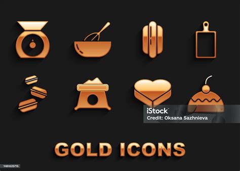 밀가루 도마 케이크 사탕 하트 모양의 상자 마카롱 쿠키 핫도그 샌드위치 저울 및 주방 털 그릇 아이콘을 설정합니다 벡터 가방에 대한 스톡 벡터 아트 및 기타 이미지 Istock