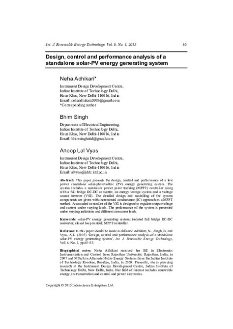 Pdf Design Control And Performance Analysis Of A Standalone Solar Pv Energy Generating System