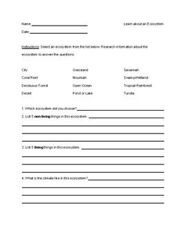 Ecosystem Research Worksheet By Mrs Overlocks Science Class TPT