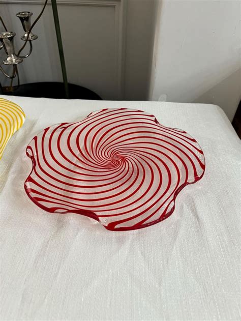 Handmade Glass Serving Plate Red Swirl Design Decorative Centerpiece 108 Cherries On