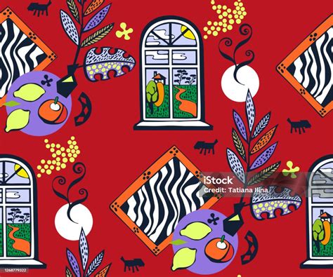 손으로 그린 벡터 평평한 창 과 풍경 손으로 그린 잉크 그림 현대 장식 장식 배경 벡터 패턴입니다 직물 천 벽지 스크랩북인쇄 구도에 대한 스톡 벡터 아트 및 기타 이미지