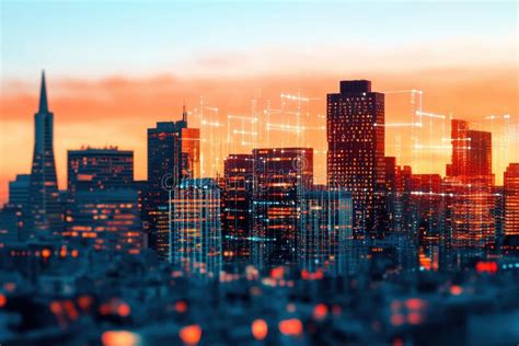 Modern Cityscape At Sunset With Digital Network Overlay Smart City Technology Concept Stock