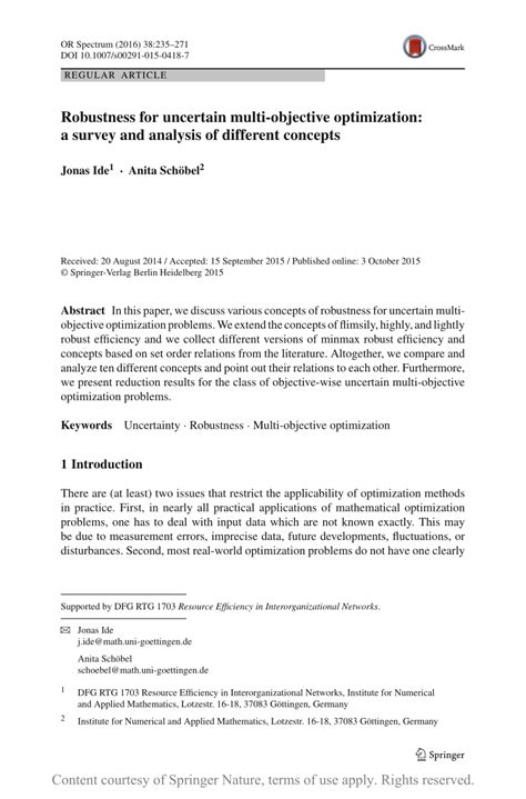 Robustness For Uncertain Multi Objective Optimization A Survey And Analysis Of Different