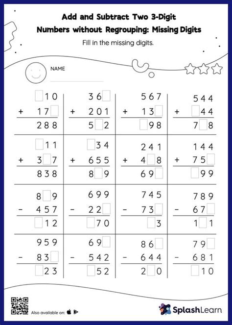 Add And Subtract Two 3 Digit Numbers Without Regrouping Missing Digits Math Worksheets